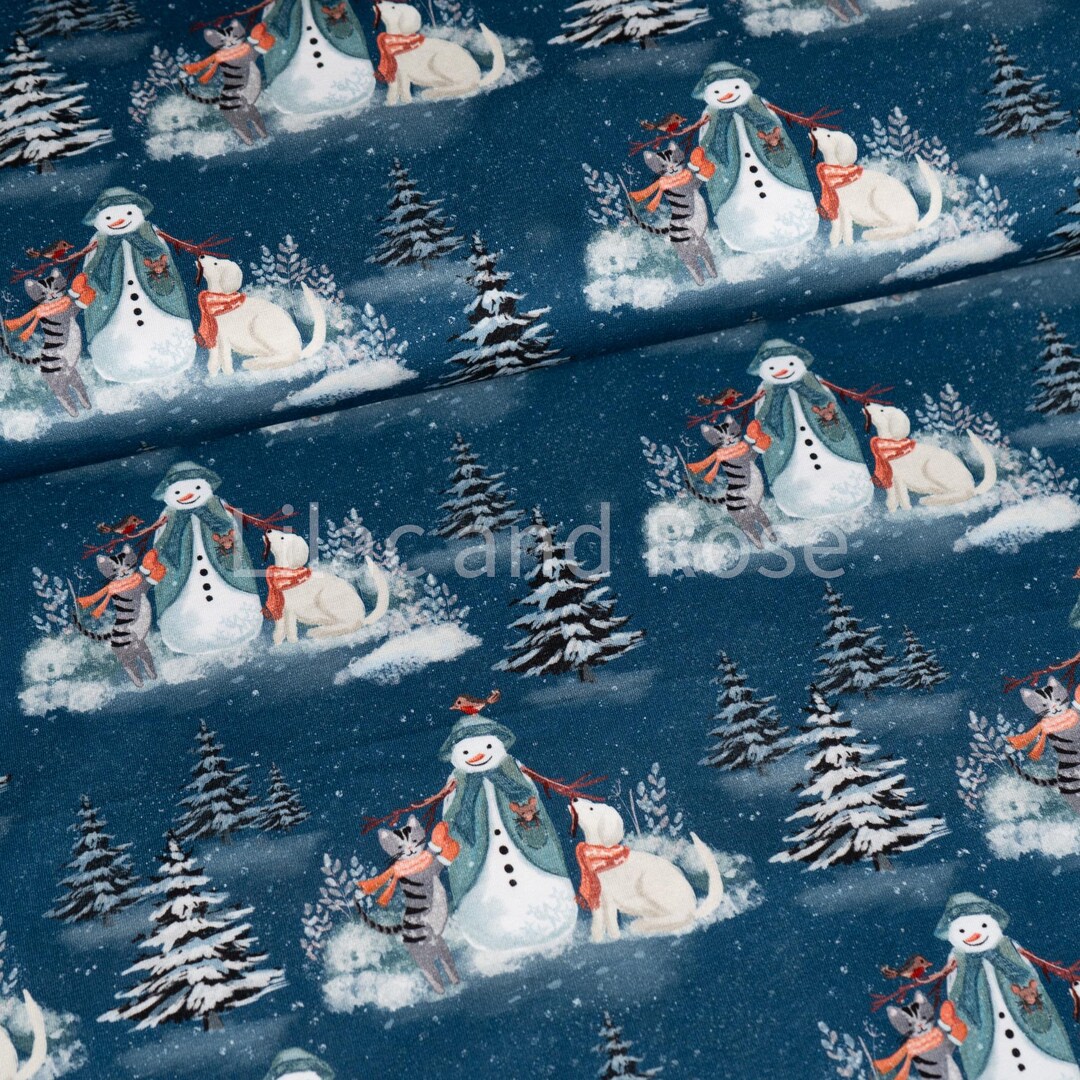 Christmas Cotton Jersey Fabric, Navy Snowman Fabric, Stretch Knit ...