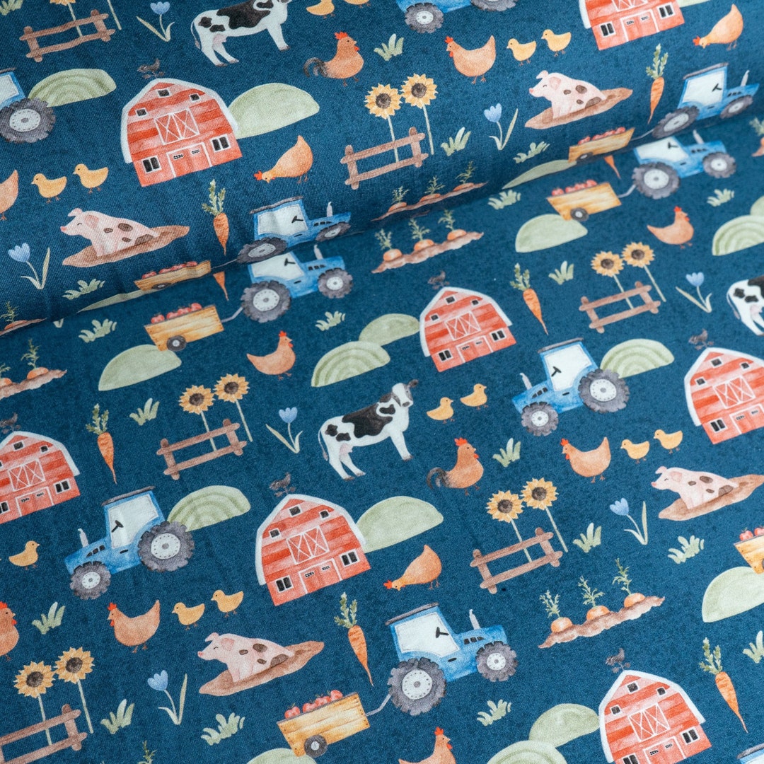 Cotton Jersey Fabric, Farm Animals on Navy, Farming Fabric, Stretch ...