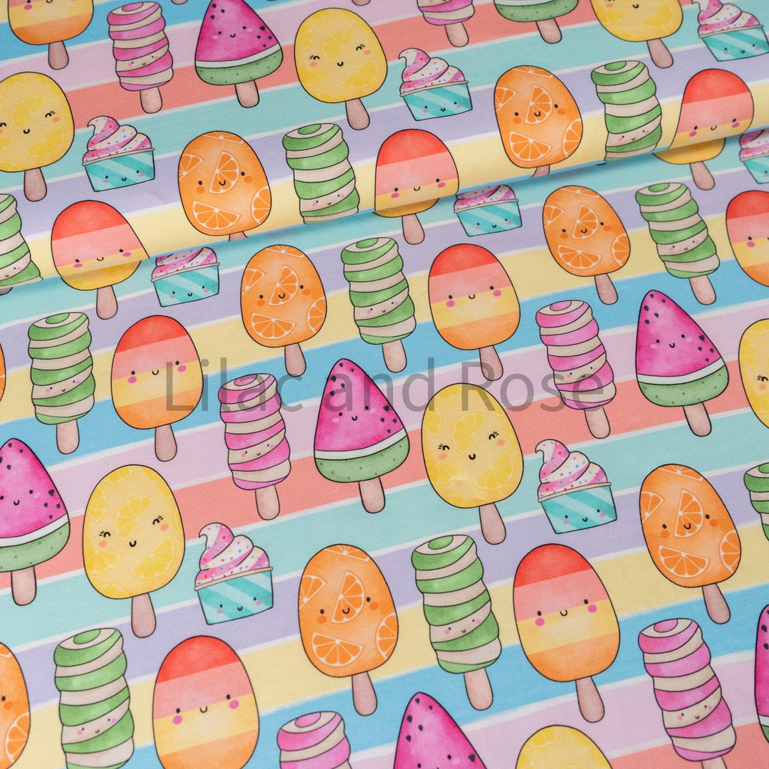 Cotton Jersey Fabric, Rainbow Lollies, Ice Cream Fabric, Pastel Rainbow ...