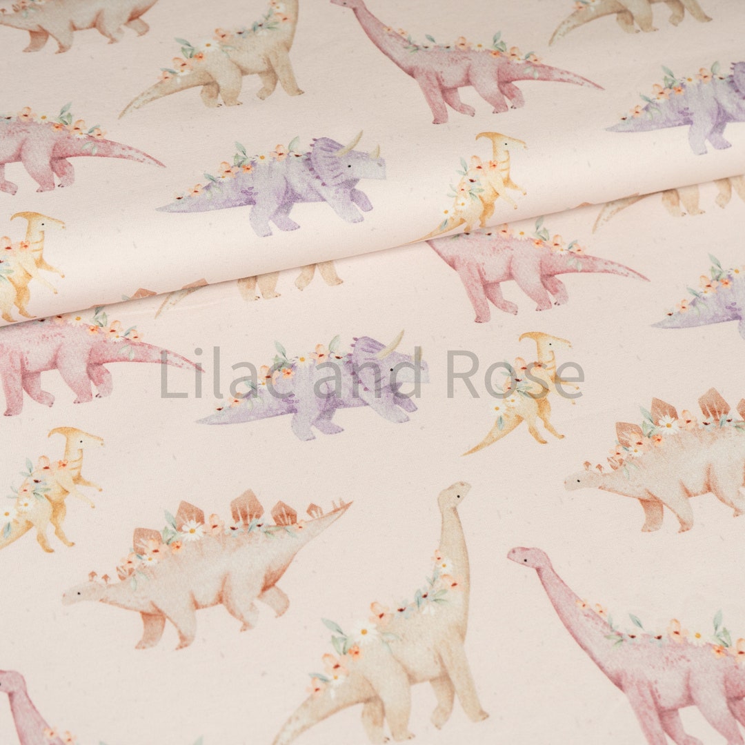 Cotton Jersey Fabric, Pink Dinosaur Fabric, Floral Dinosaur Jersey ...