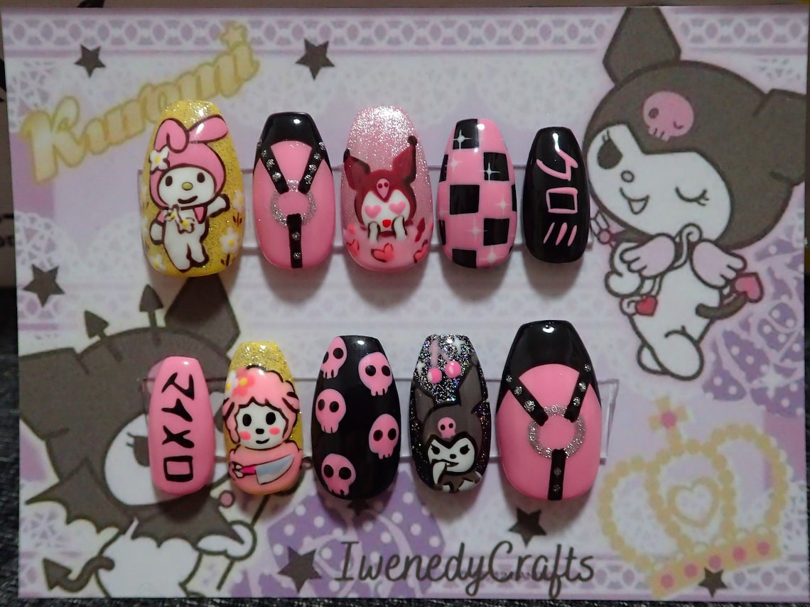 Kuromi And My Melody Inspired Pressons Anime Nails Cute Press On Etsy