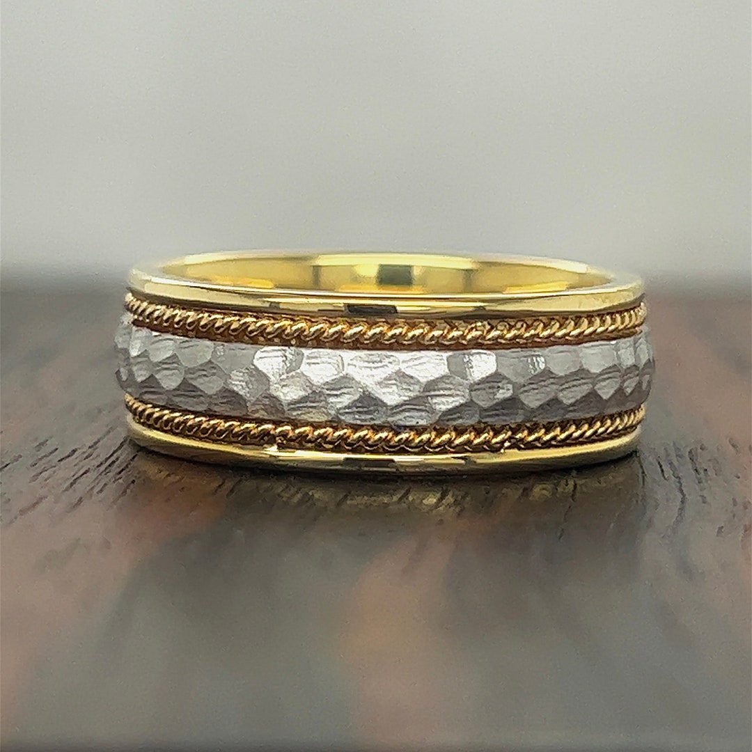 14k Two-tone 7mm Men's Satin Finish Wedding Band | 14K Men's Rustic ...