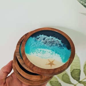 Ocean Beach Set of 4 Coasters, MADE TO ORDER, Sea Waves Modern Resin ...