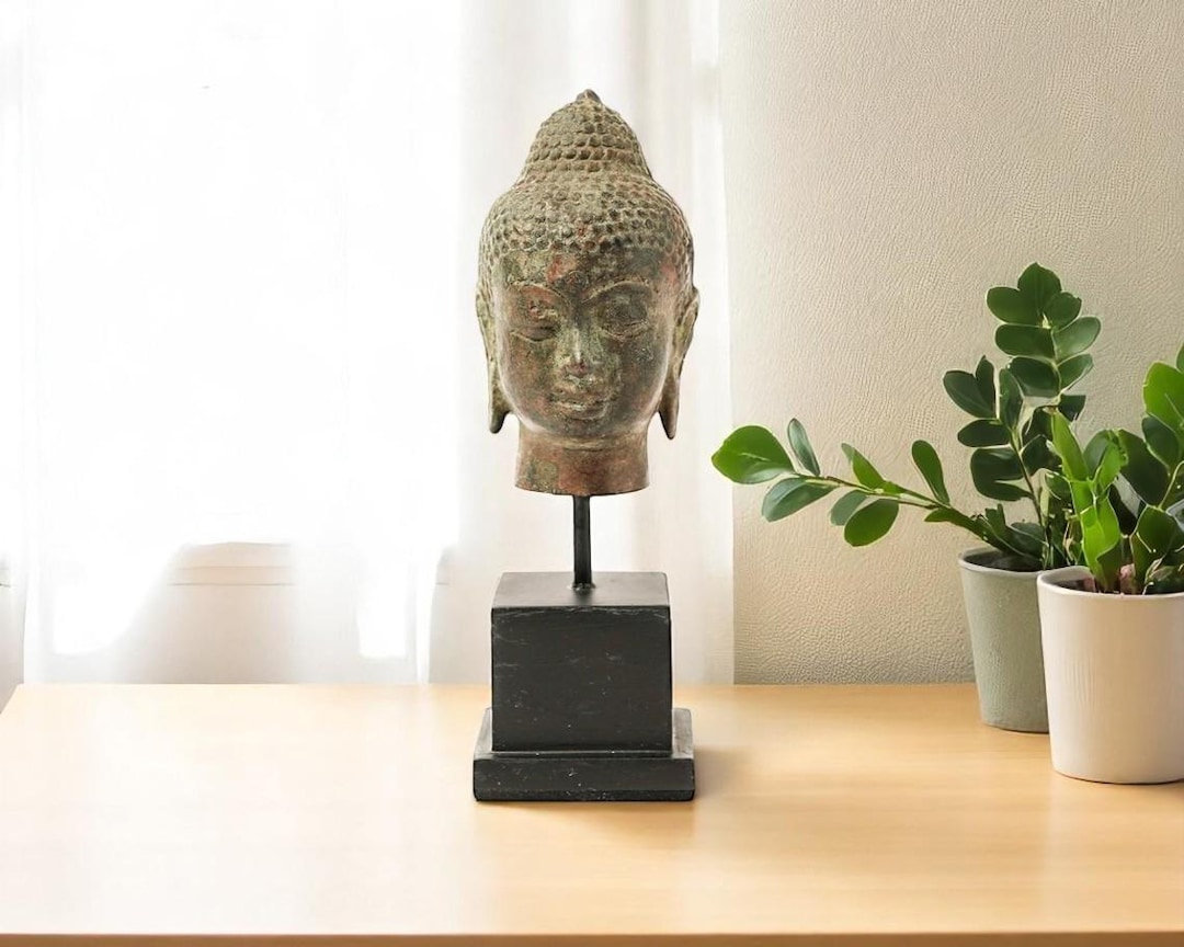 Mini Buddha Head 5.5 Inch / 14 Cm, Buddha Bronze, Buddha Sculpture ...