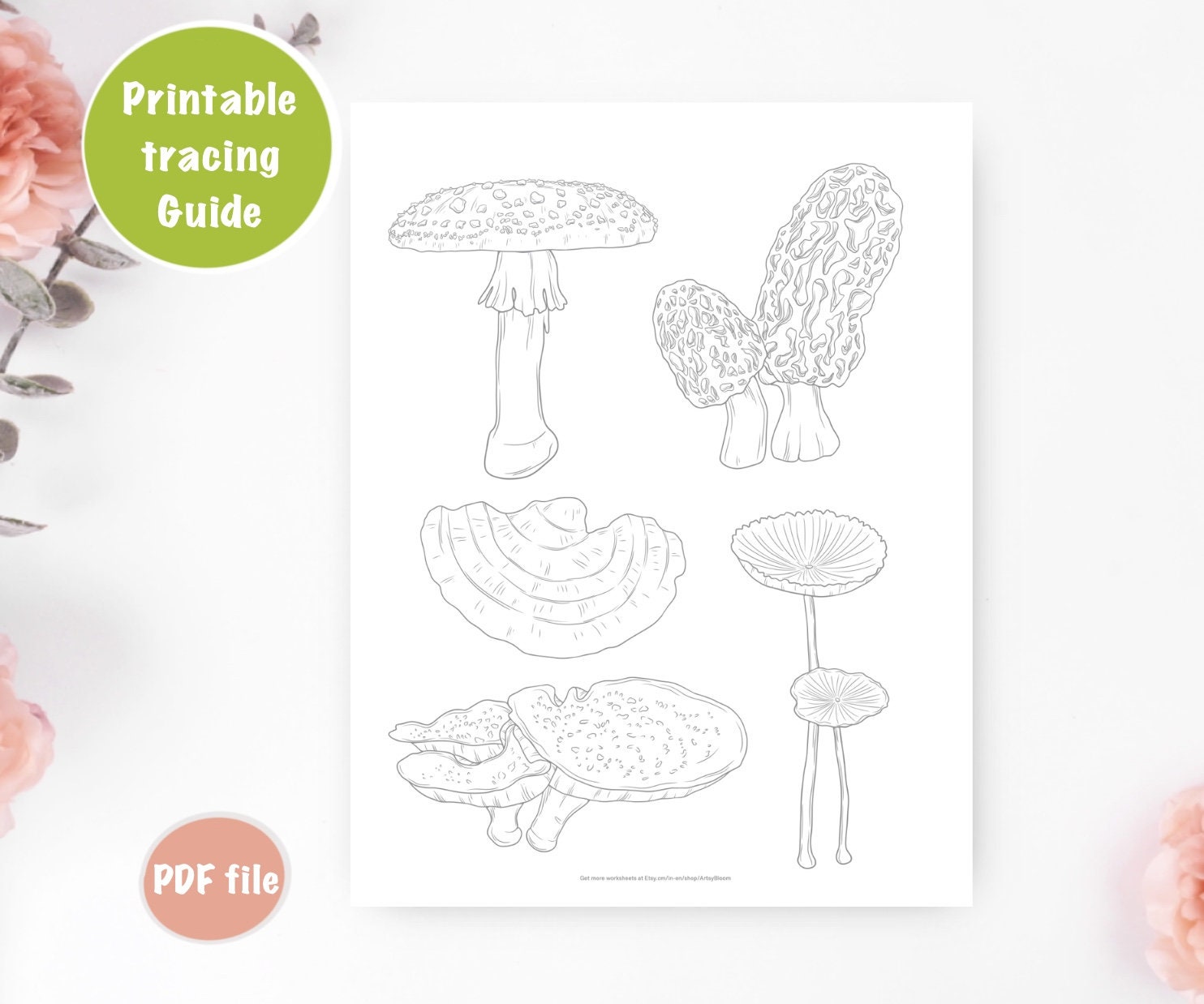 24 Mushroom Tracing Guides, Learn to Draw Mushrooms, Coloring Pages ...