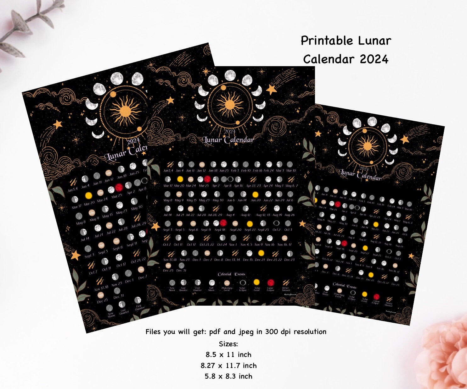 2024 Lunar Calendar Printable, Moon Phases Calendar , US Letter Size,a4 ...