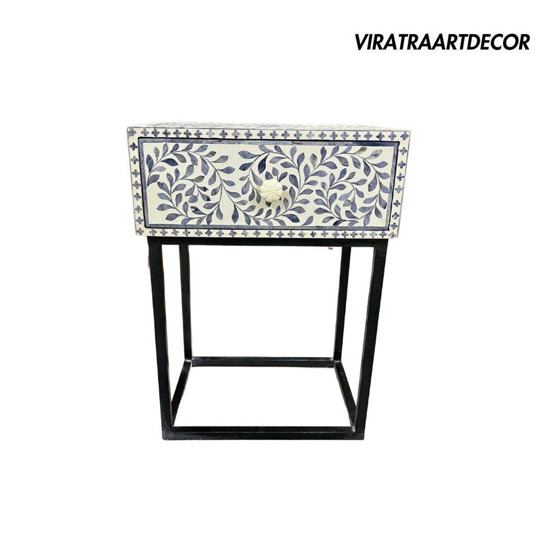 Wooden Indian Bone Finish Drawer Table Handmade Bone Inlay Nightstand ...