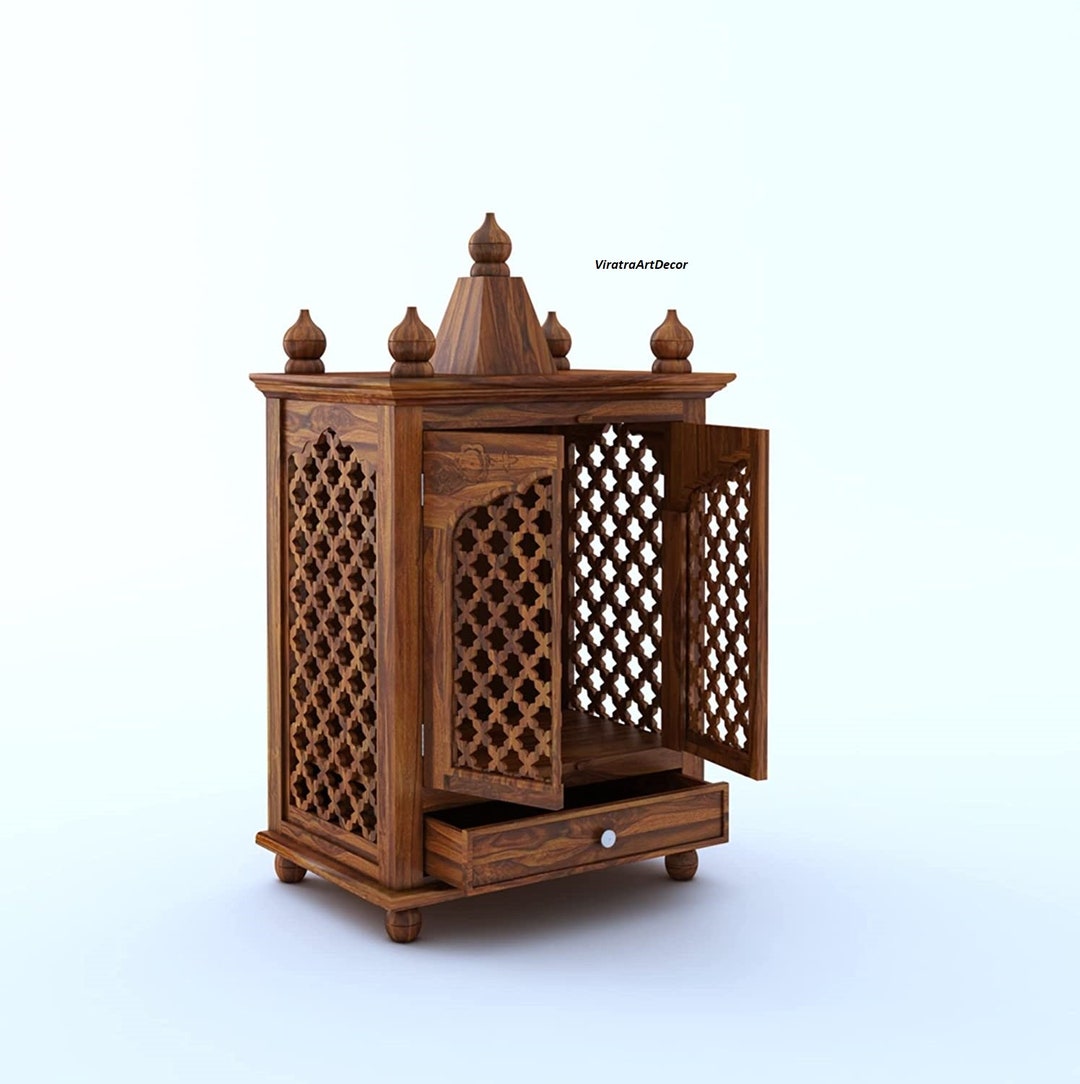 Solid Sheesham Wooden Temple With 1 Drawer and 2 Doors for Home and ...