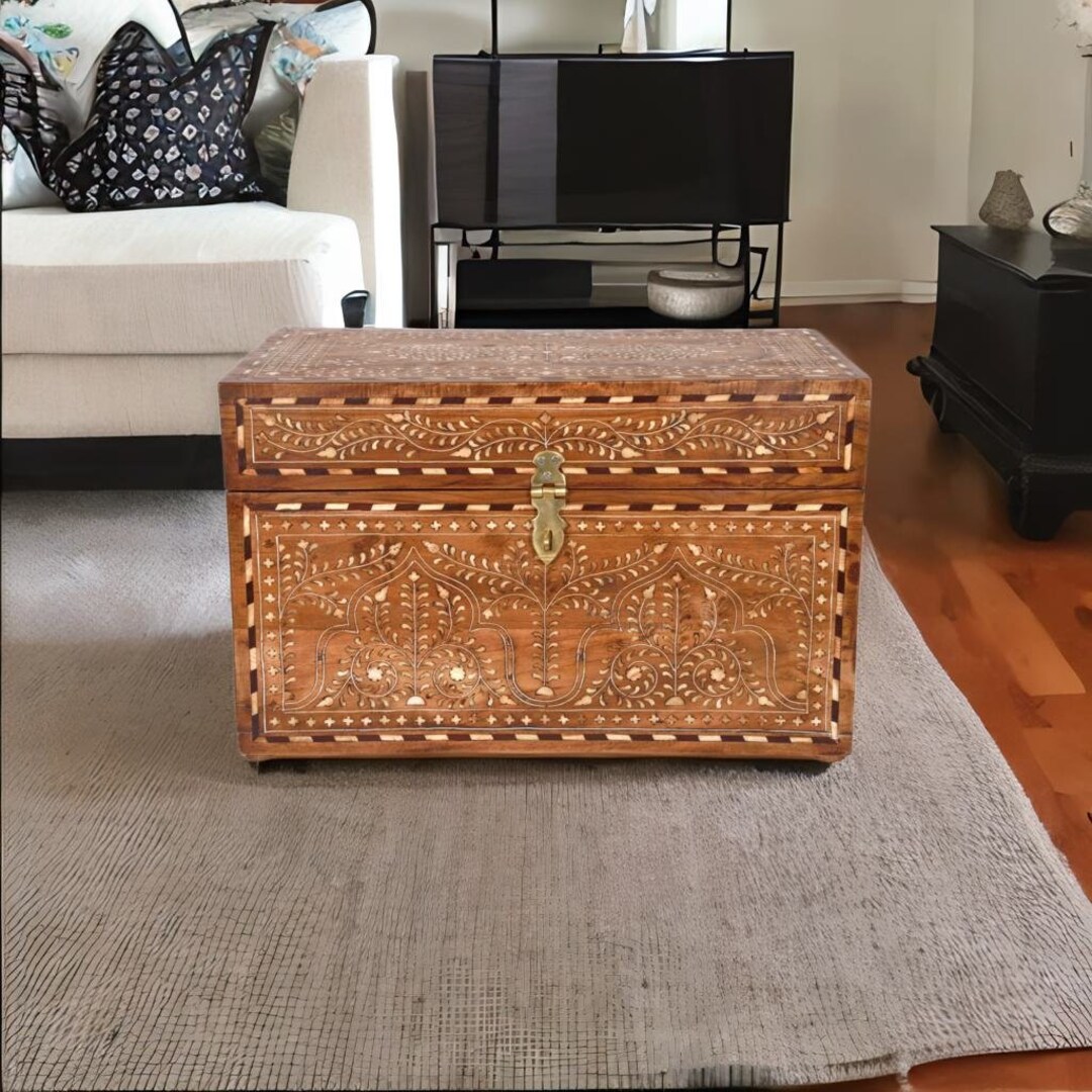 Wooden Indian Bone Inlay With Sagvan Wood Trunk Box With Jewellery Box ...