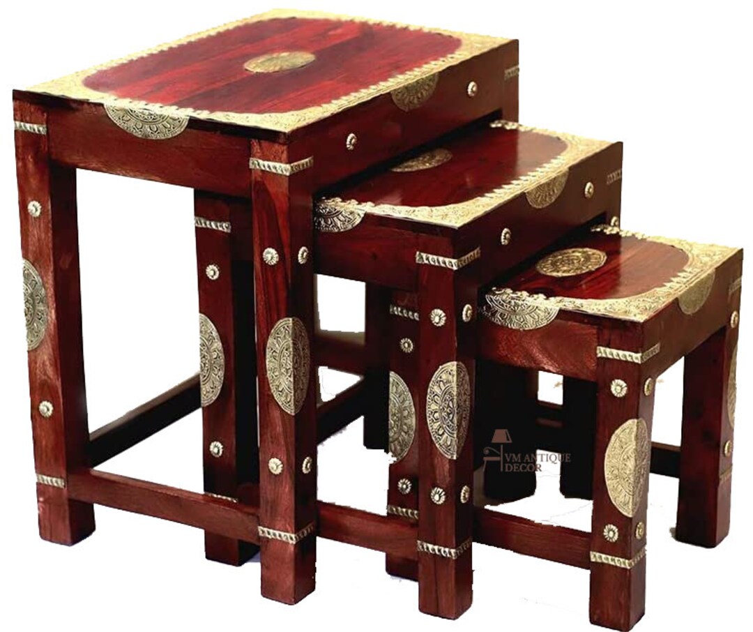 Wooden Brass Nesting Table ,stool Set of 3 Stool,,wood,stool,wood ...