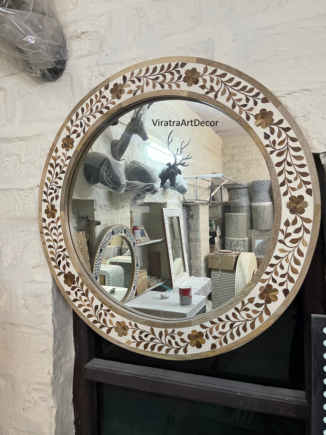 Wooden Indian Bone Inlay Mirror for Home,wall Hanging Bone Inlay ...