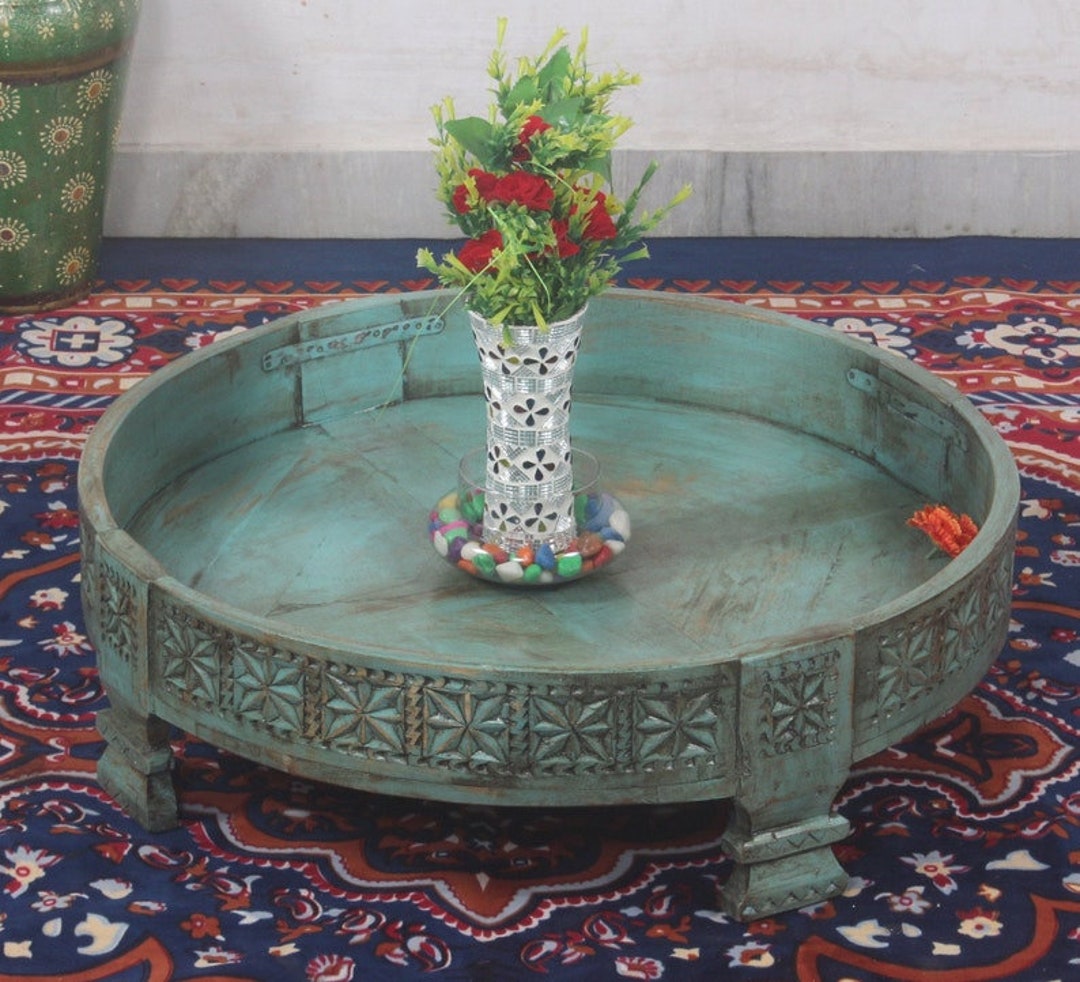 Indian Carved Chakki Table, Coffee Table, Vintage Indian Grinder Table ...