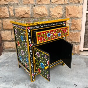 Wooden Indian Handpainted Rajasthani Polished Bedside Table With 2 Door ...