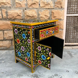 Wooden Indian Handpainted Rajasthani Polished Bedside Table With 2 Door ...