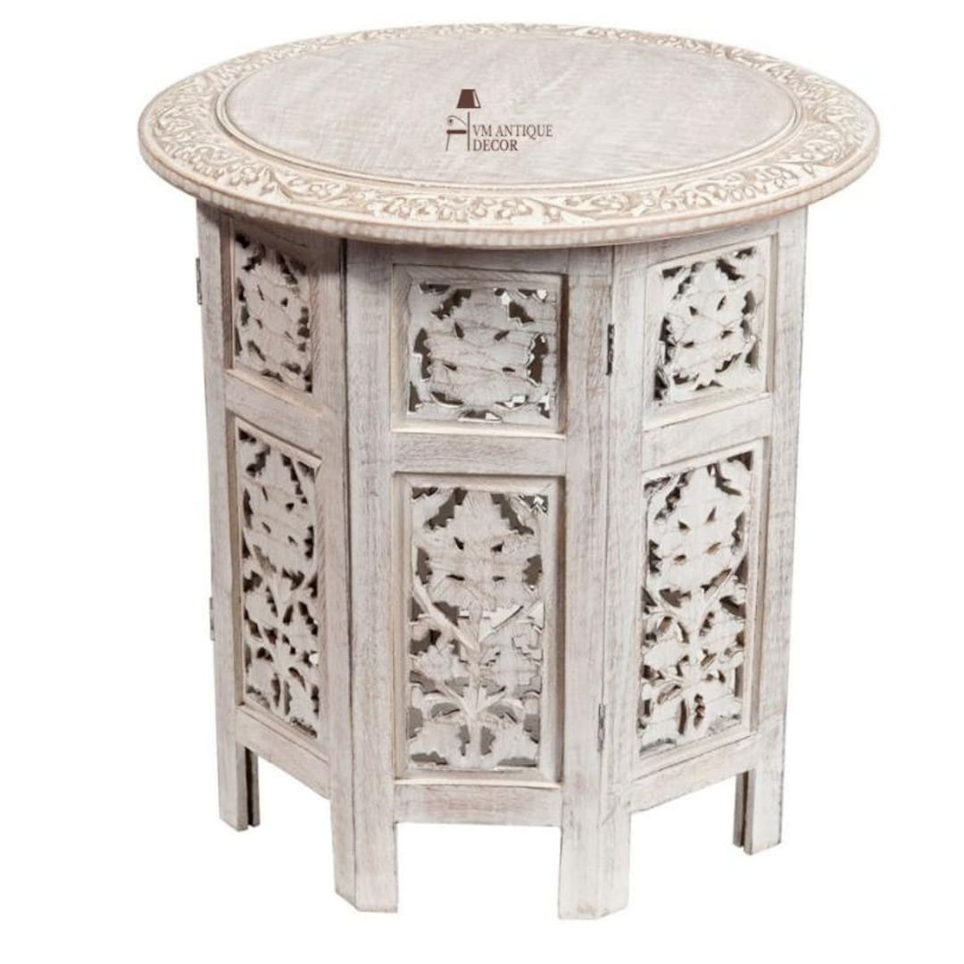 Wooden Indian Decor Beautiful Table, White Distressed Table/indian Side ...