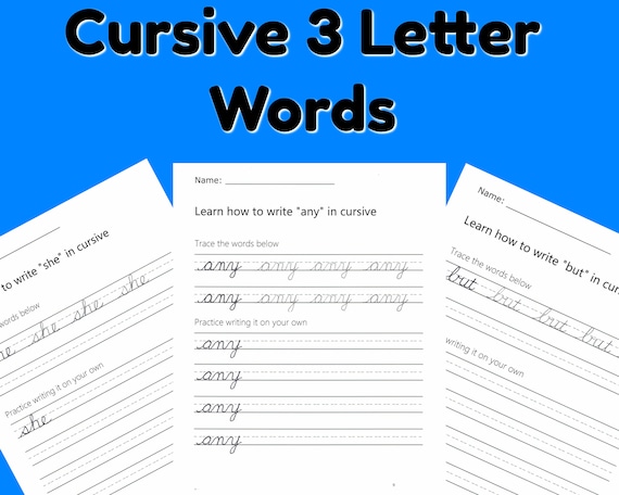 Cursive Letter Worksheets for 3 Letter Words Instant | Etsy