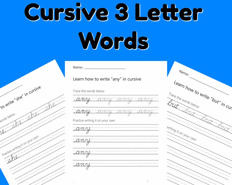Cursive Letter Worksheets for 3 Letter Words - Instant Download! - Etsy