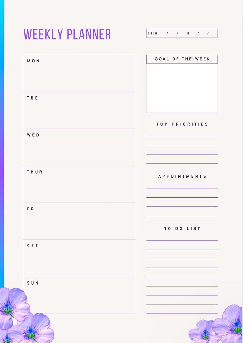 Purple Floral Digital Weekly Planner | Editable & Downloadable File ...