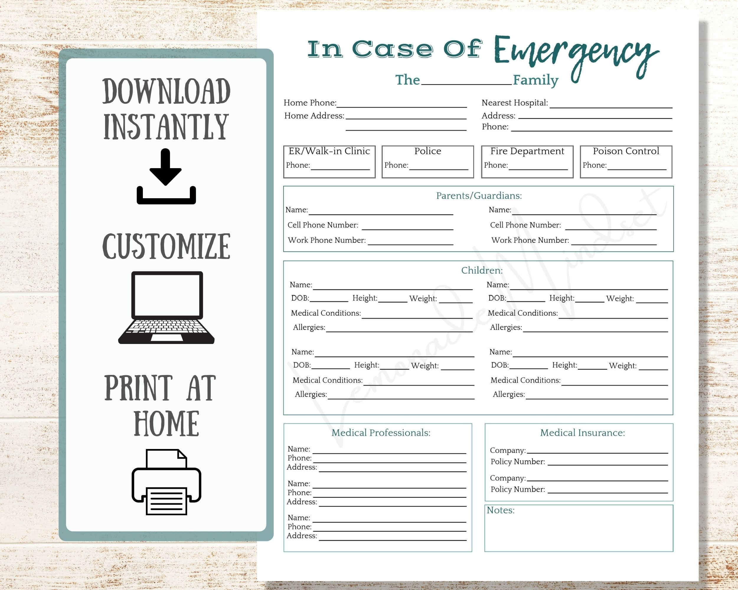 In Case of Emergency Printable | Family Emergency Binder Insert | I.C.E ...