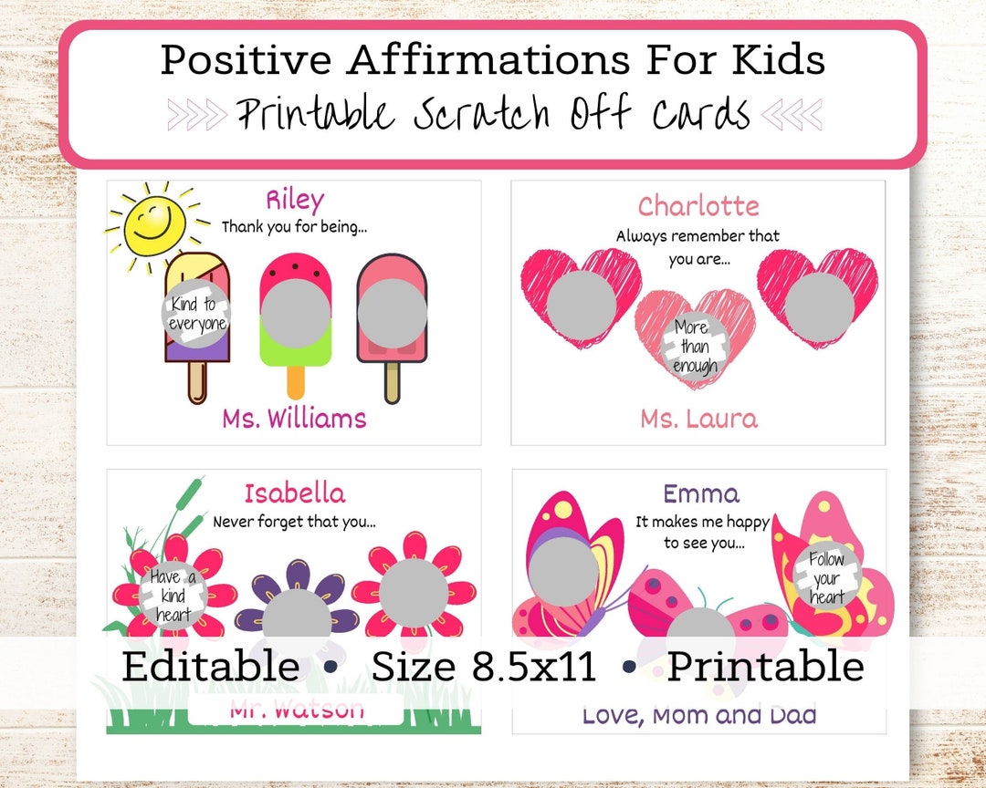 Printable Positive Affirmations Card for Kids, Motivational Scratch off ...