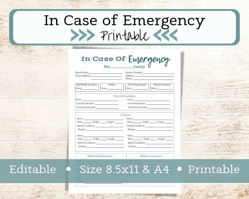 In Case of Emergency Printable | Family Emergency Binder Insert | I.C.E ...