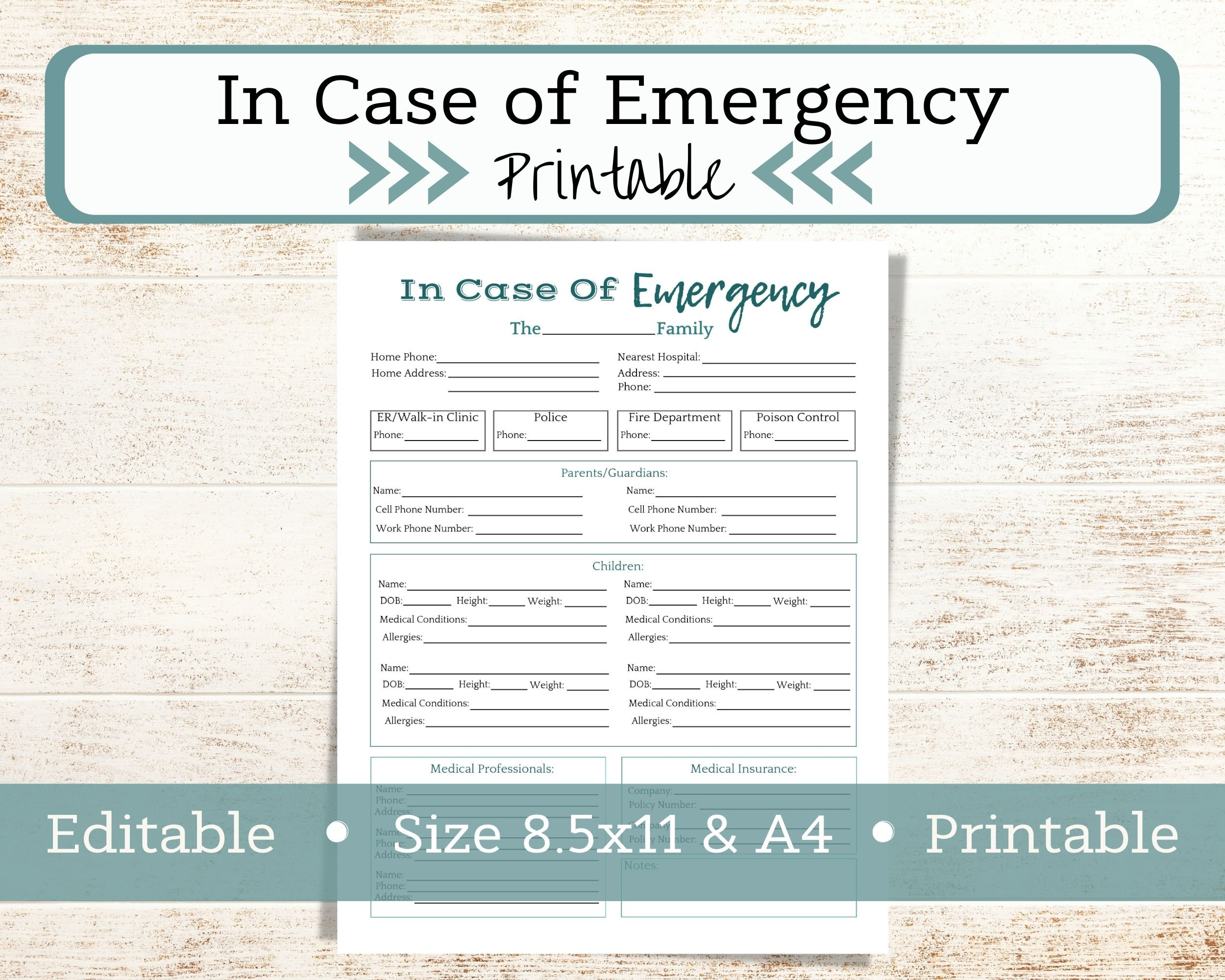 In Case of Emergency Printable | Family Emergency Binder Insert | I.C.E ...