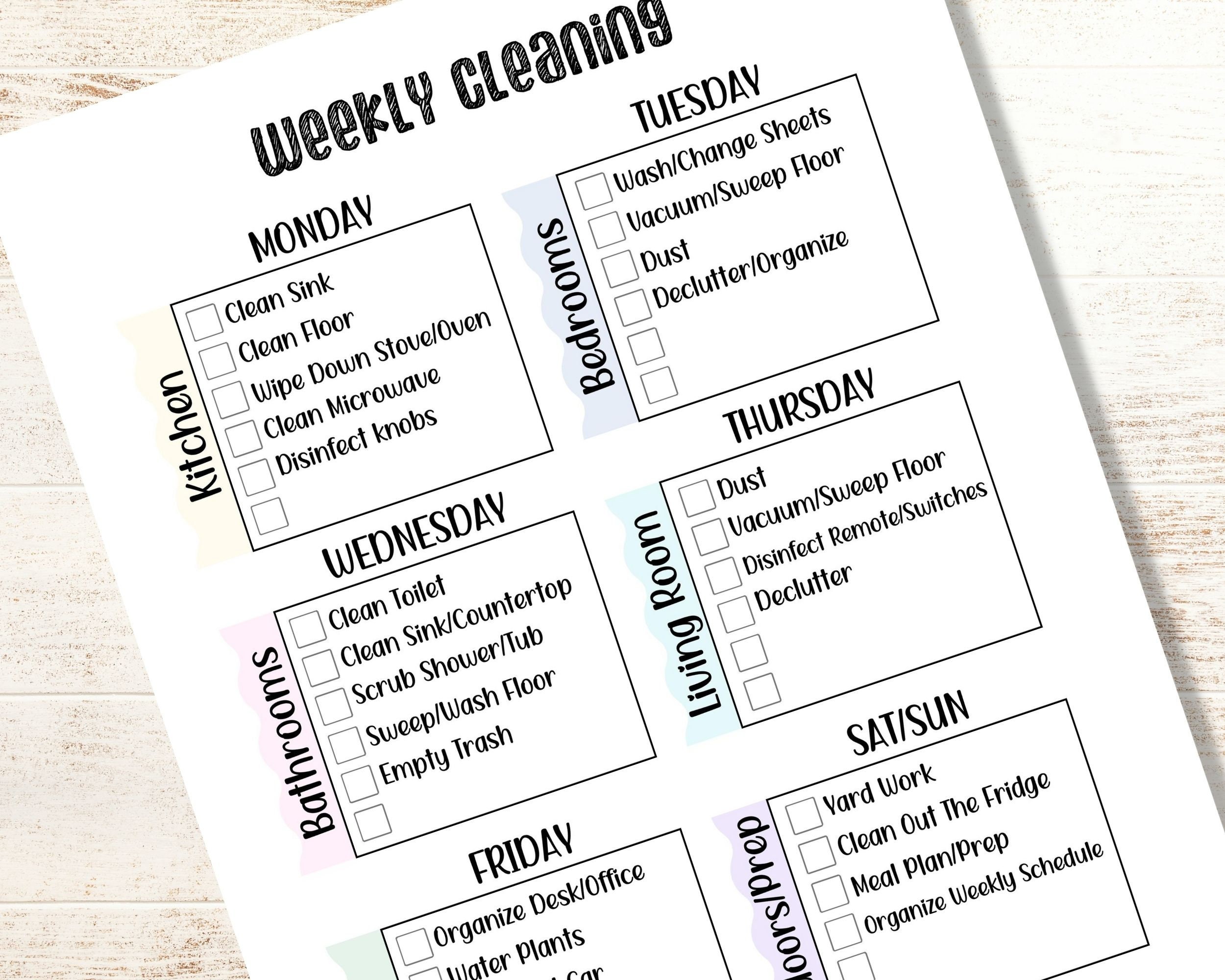 Adult Chore Chart, Cleaning Schedule, Weekly Cleaning Checklist ...