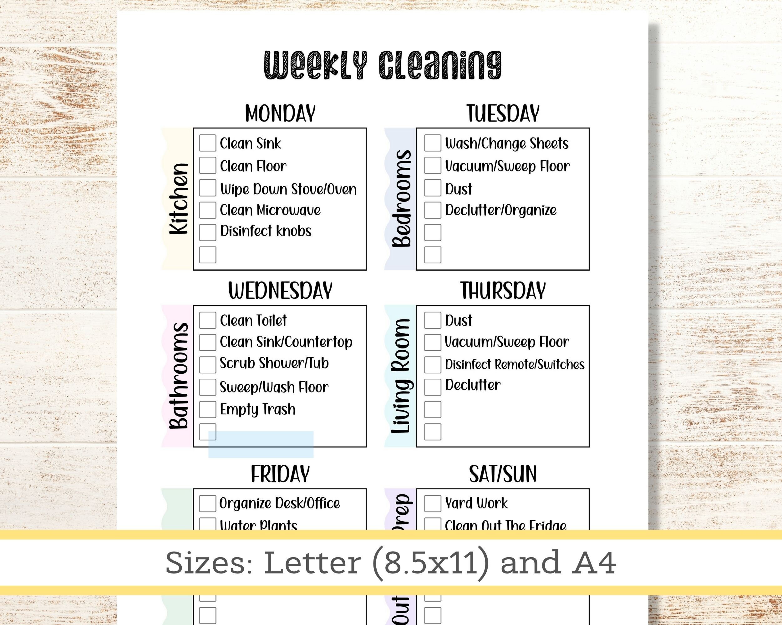 Adult Chore Chart, Cleaning Schedule, Weekly Cleaning Checklist ...
