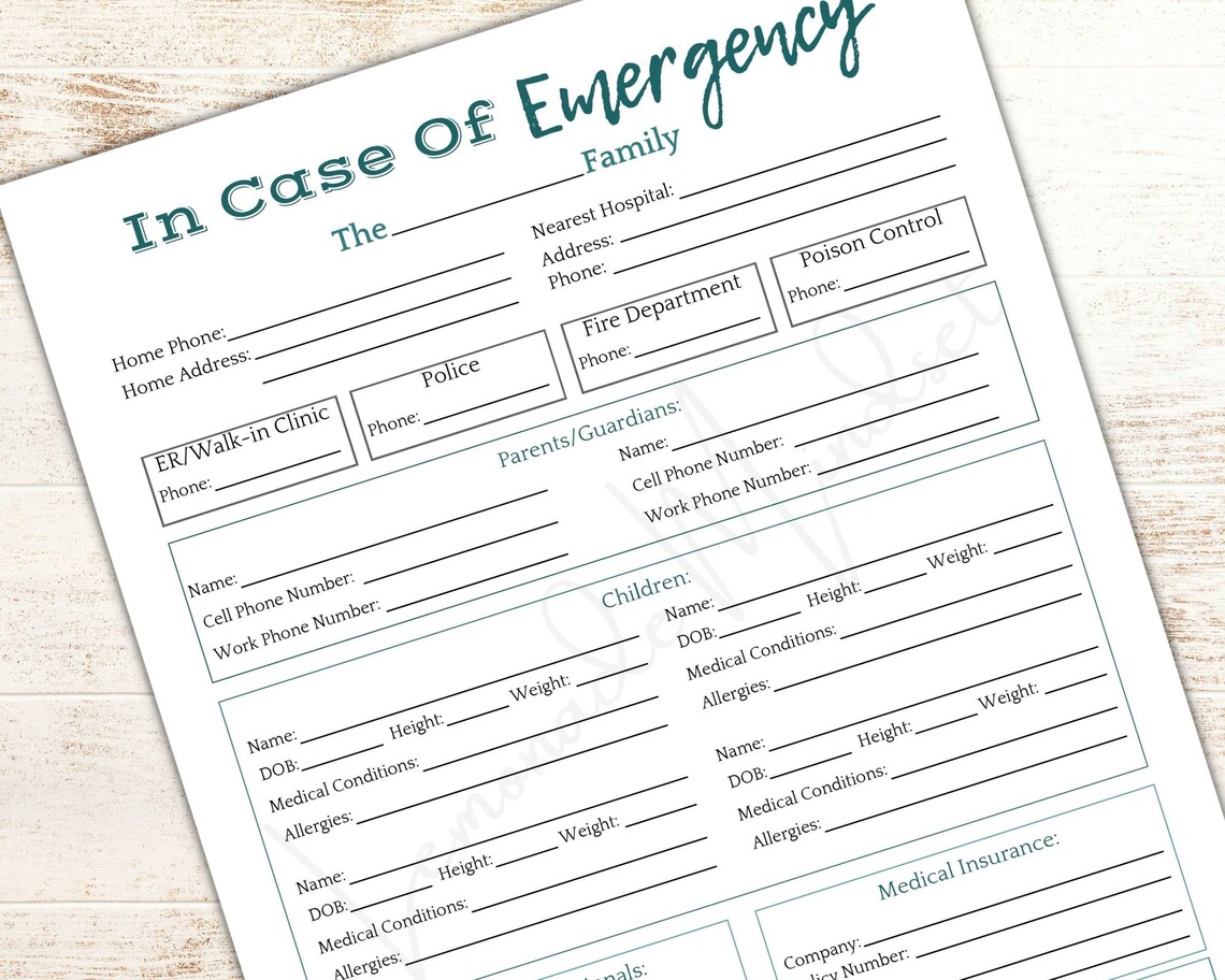 In Case of Emergency Printable Family Emergency Binder Insert I.C.E ...