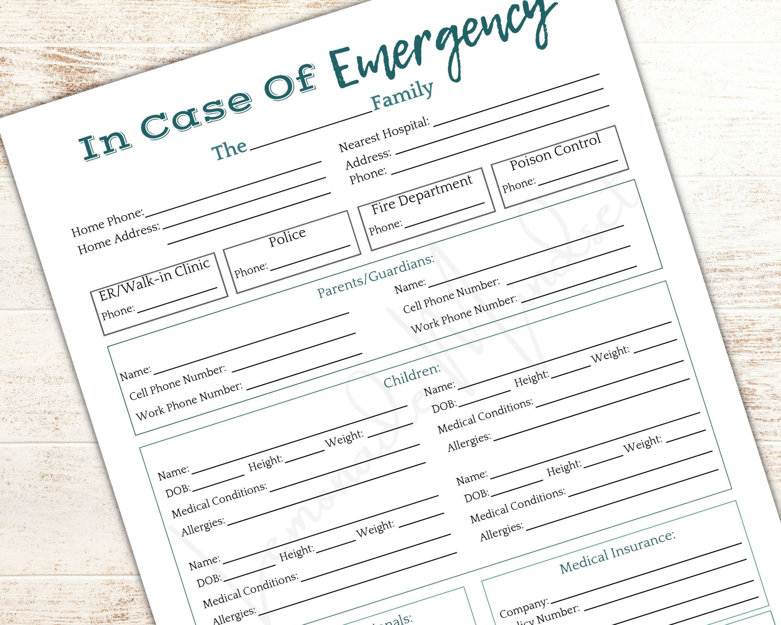 In Case of Emergency Printable | Family Emergency Binder Insert | I.C.E ...
