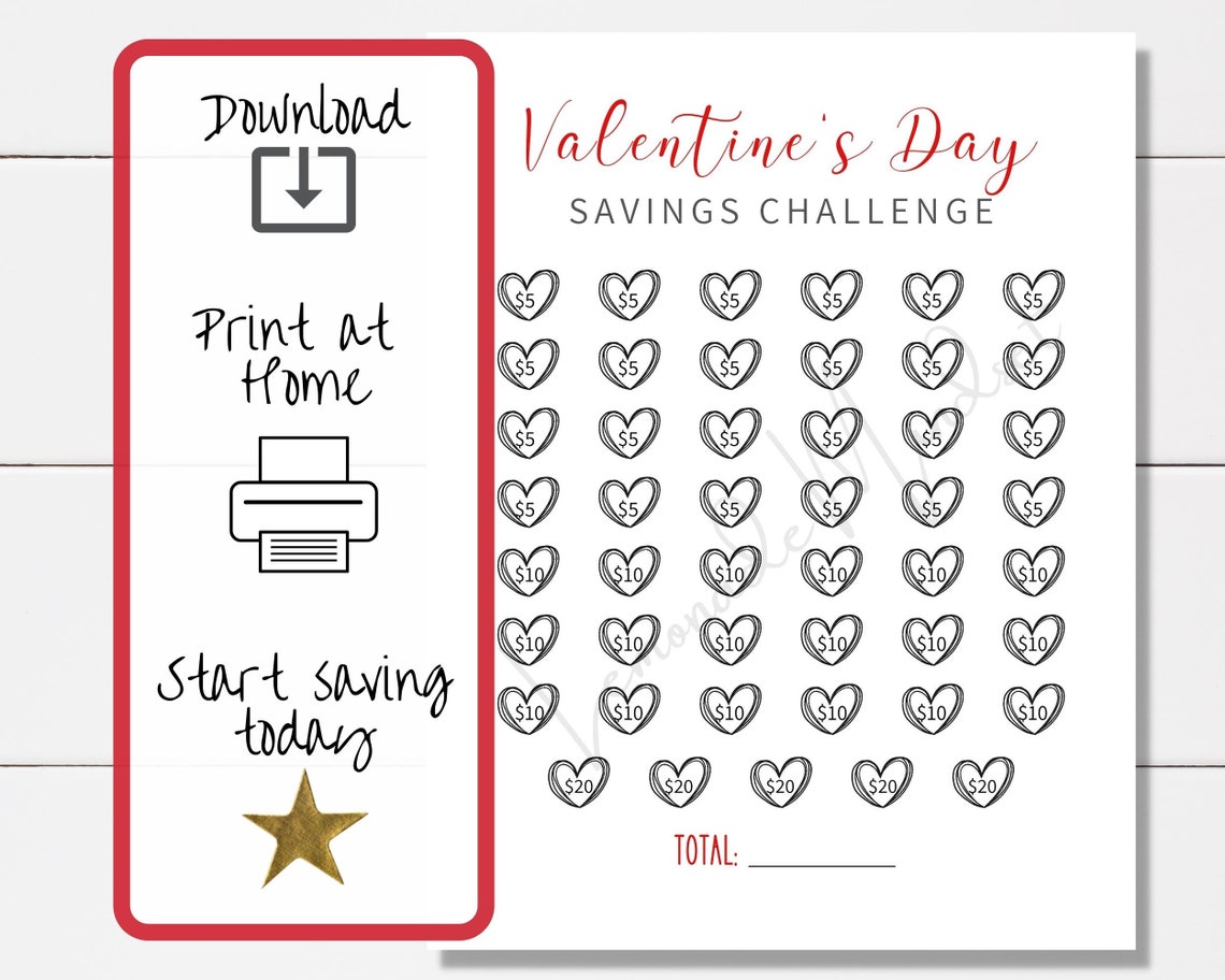 Valentine's Day Savings Challenge, Savings Tracker Printable, Money ...
