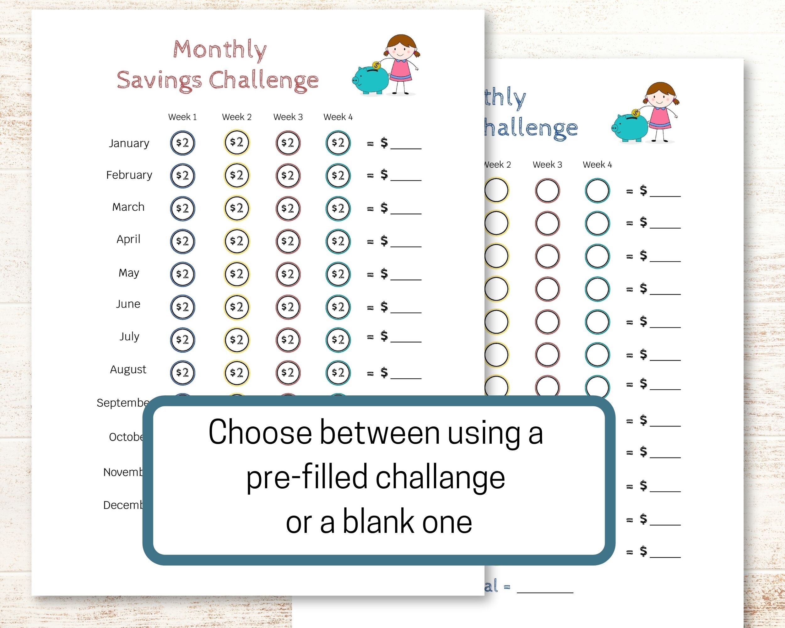 Monthly Money Savings Challenge for Kids - Printable | Money Challenge ...