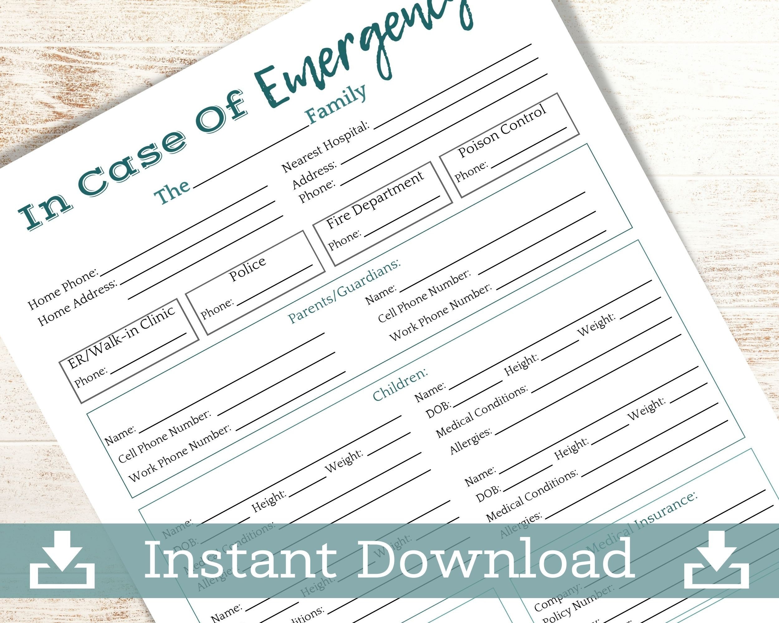 In Case of Emergency Printable | Family Emergency Binder Insert | I.C.E ...