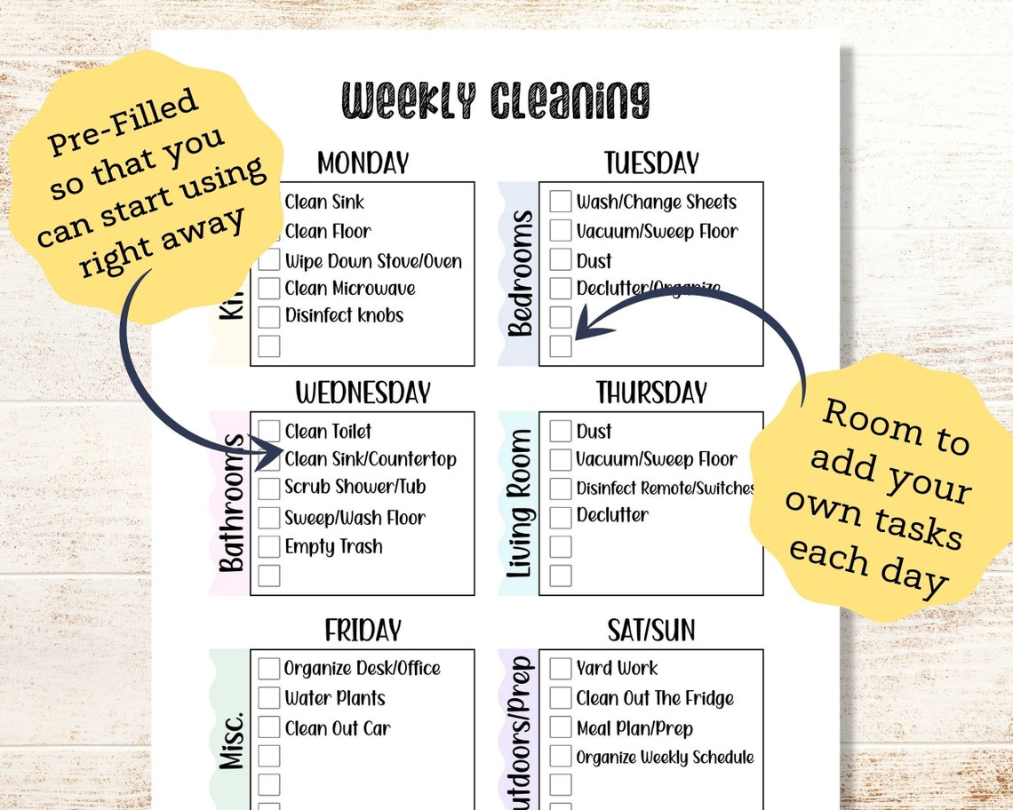 Adult Chore Chart, Cleaning Schedule, Weekly Cleaning Checklist ...