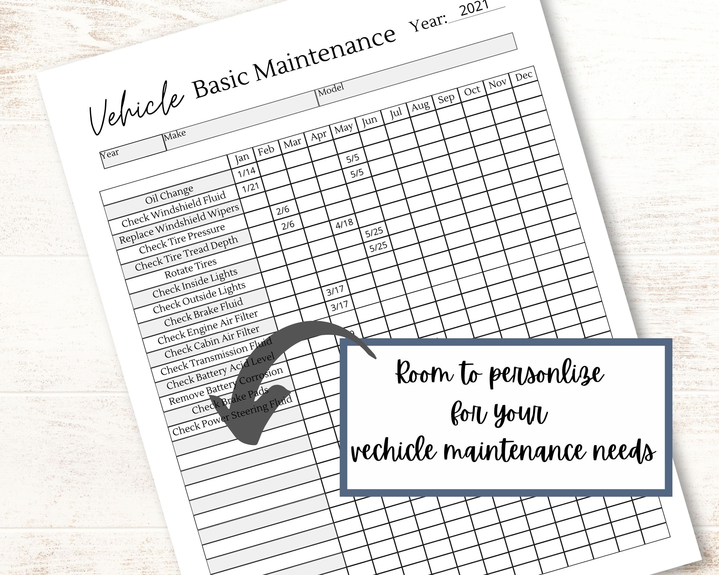 Vehicle Maintenance Log Printable | Car Maintenance Checklist and ...