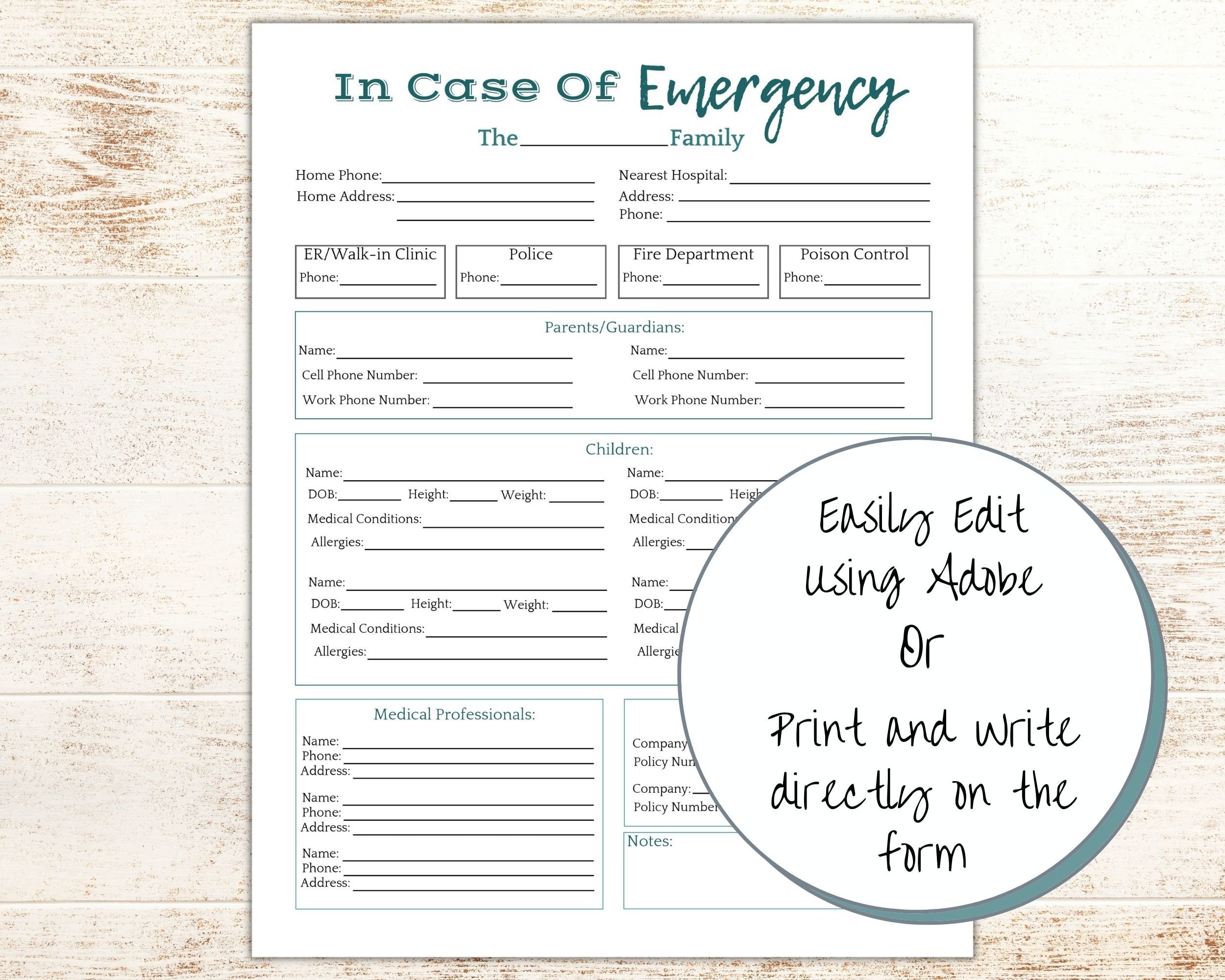 In Case of Emergency Printable | Family Emergency Binder Insert | I.C.E ...