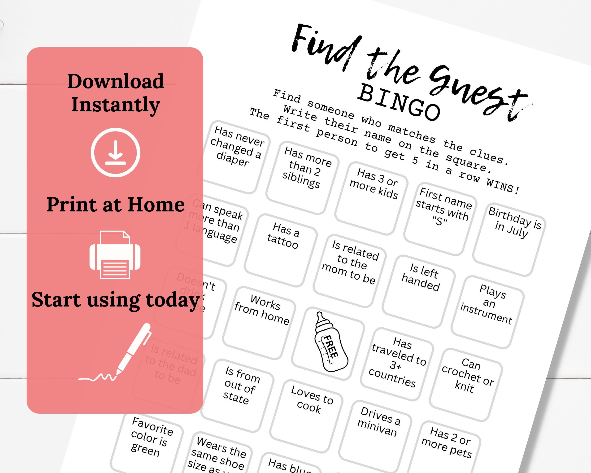 Find the Guest BINGO, Find the Guest Game, Baby Shower Bingo ...