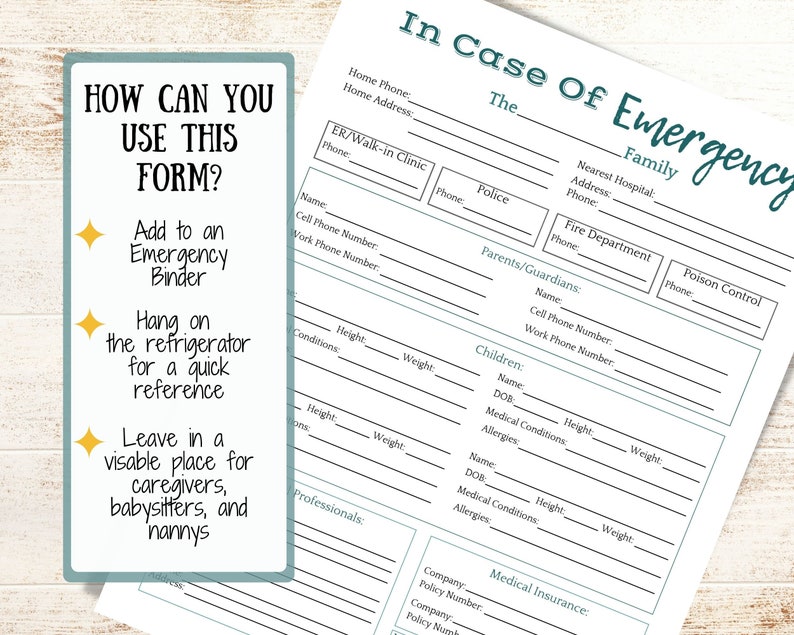 In Case of Emergency Printable | Family Emergency Binder Insert | I.C.E ...