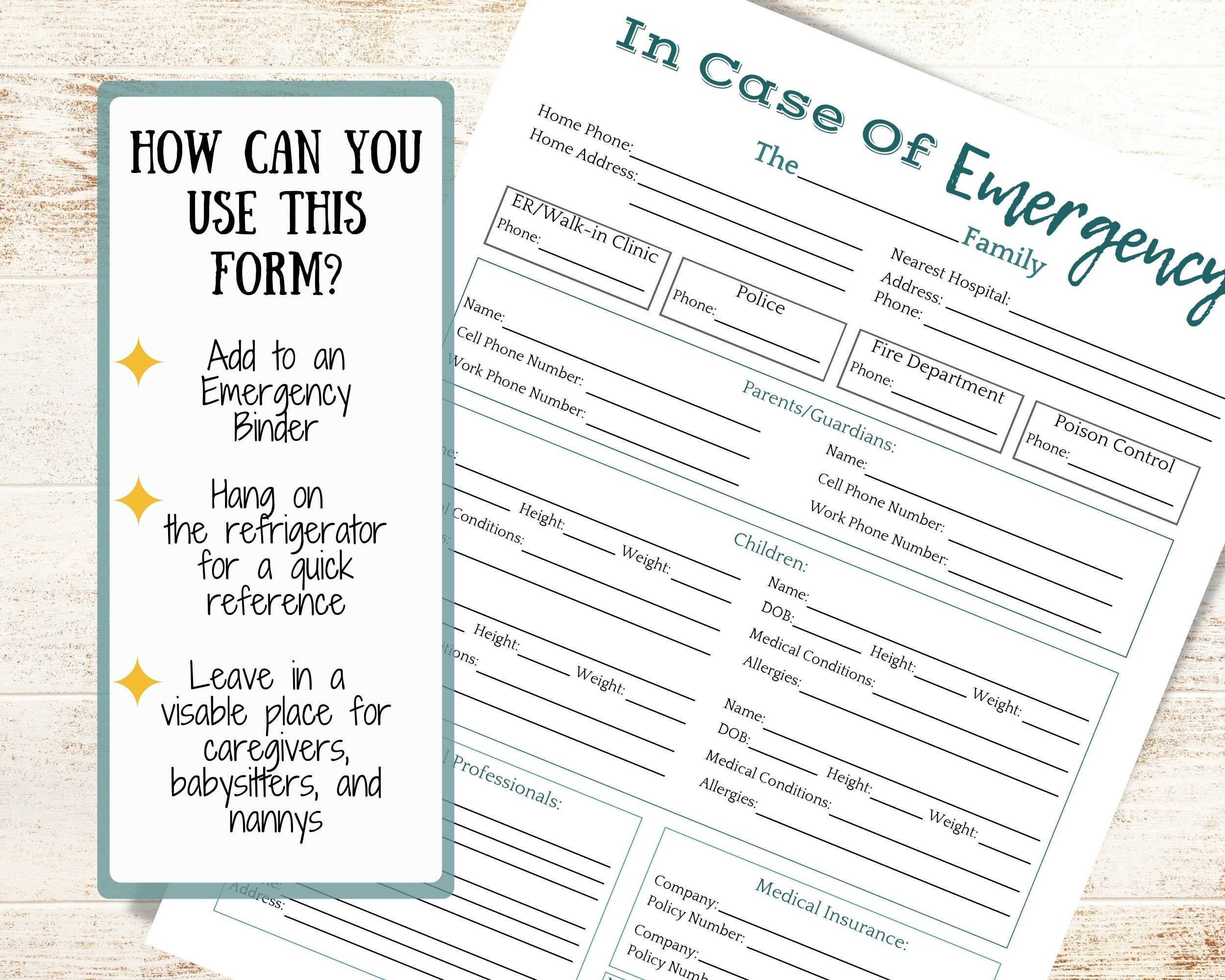 In Case of Emergency Printable | Family Emergency Binder Insert | I.C.E ...