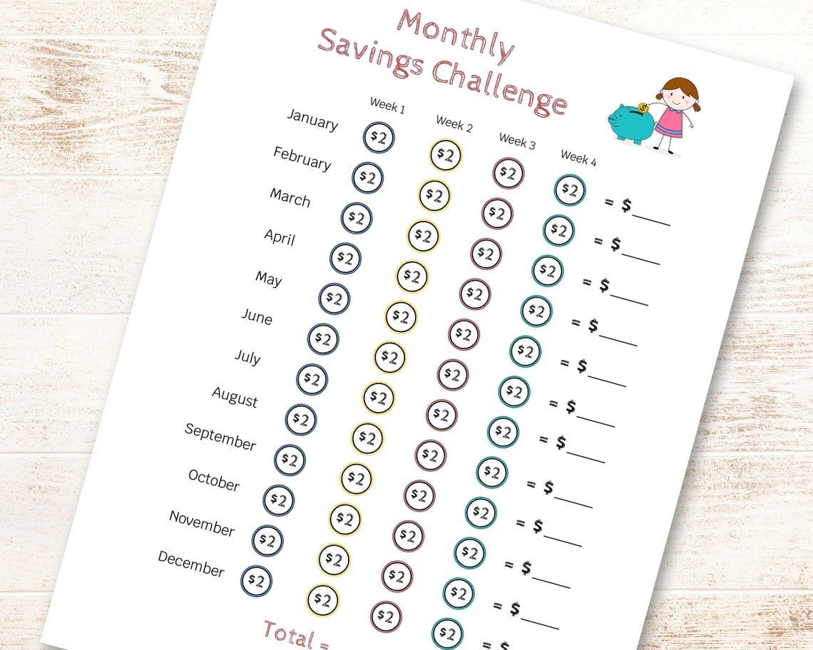 Monthly Money Savings Challenge for Kids Printable Money Challenge ...