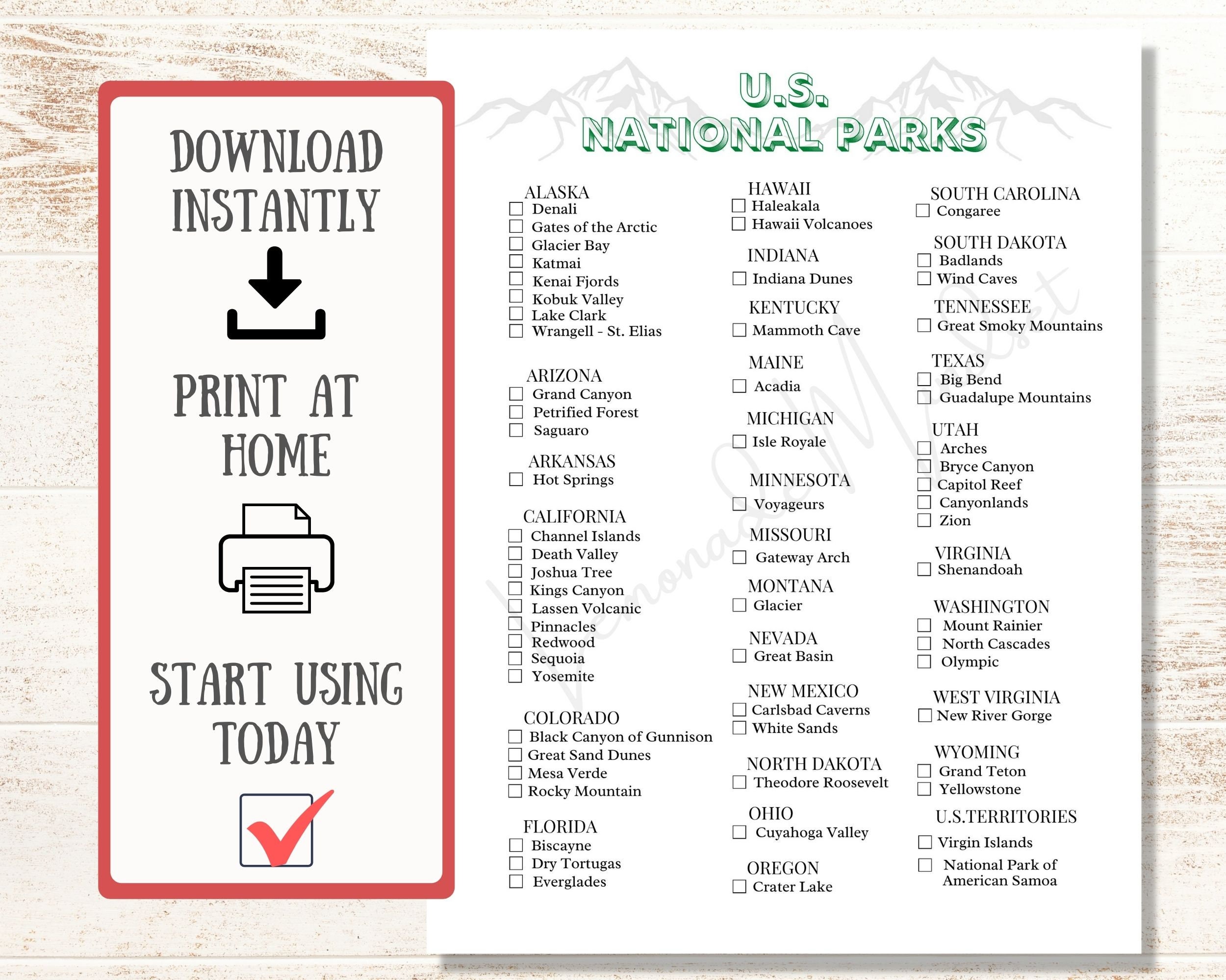 National Park Checklist United States National Parks Log National Parks ...