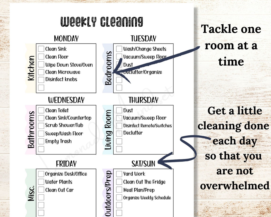 Adult Chore Chart, Cleaning Schedule, Weekly Cleaning Checklist ...