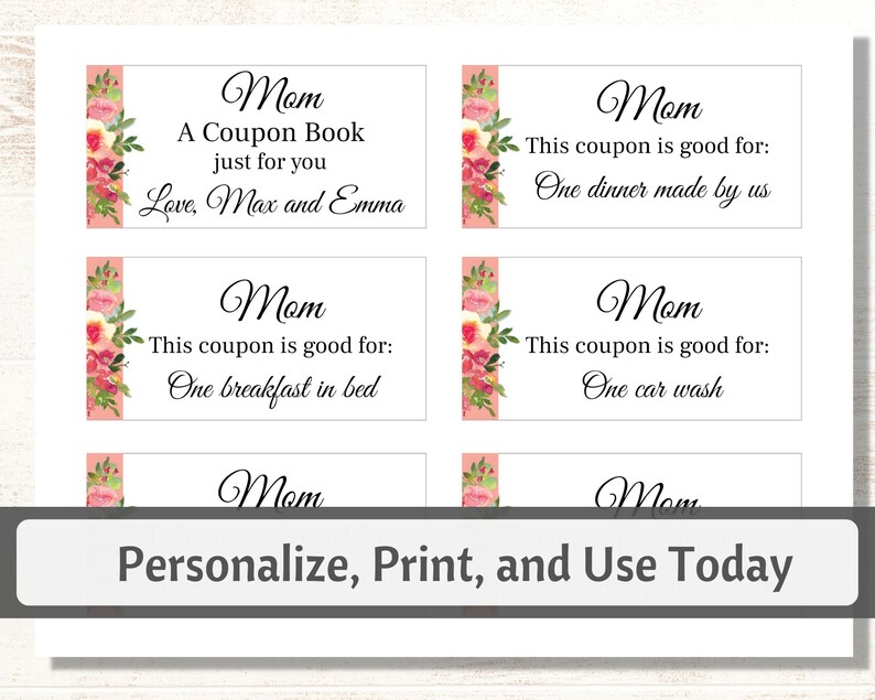 Printable Coupon Book Template for Mom, DIY Mother's Day Gift, Editable ...