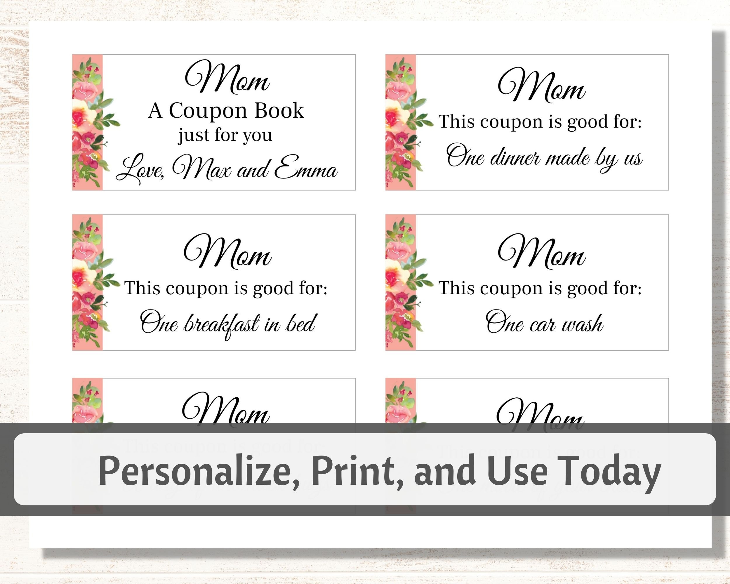 Printable Coupon Book Template for Mom, DIY Mother's Day Gift, Editable ...