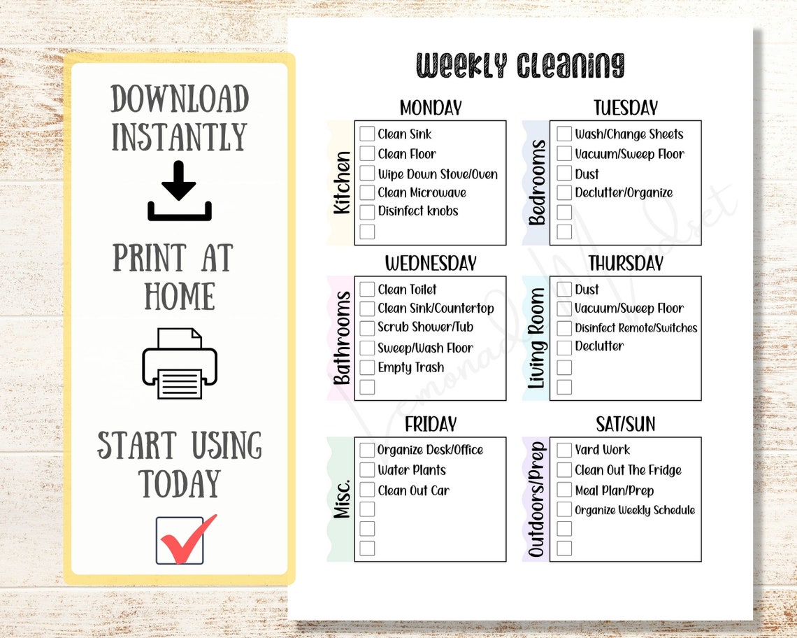 Adult Chore Chart, Cleaning Schedule, Weekly Cleaning Checklist ...