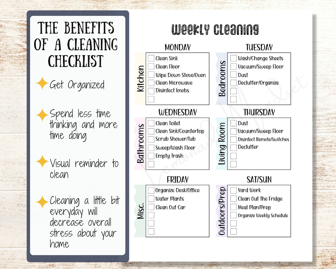 Adult Chore Chart, Cleaning Schedule, Weekly Cleaning Checklist ...