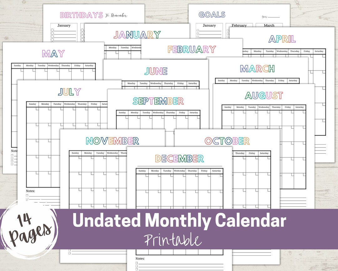Monthly Calendar Printable, Undated Blank Calendar, Wall Calendar, Desk ...
