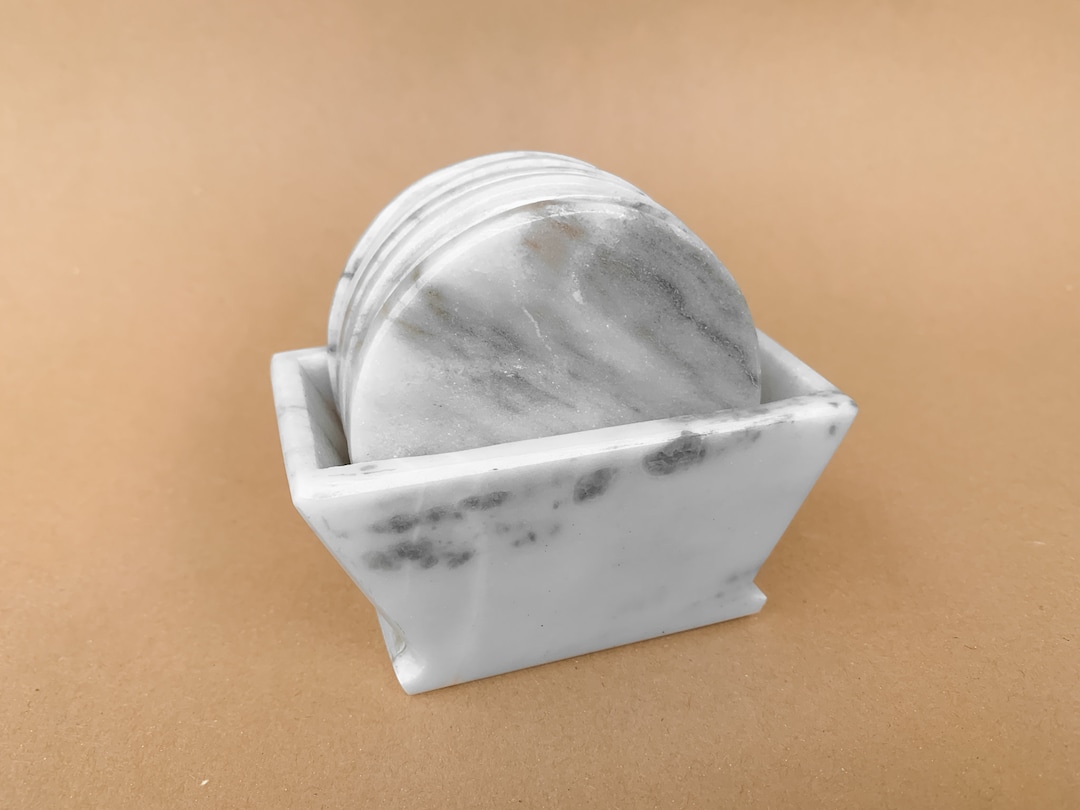 White and Grey Marble Coasters With Holder Set of 6 Drink Coasters ...