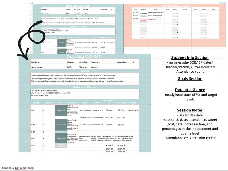Self Calculating DATA & Contact Log Sheet for Speech Therapy - Google ...
