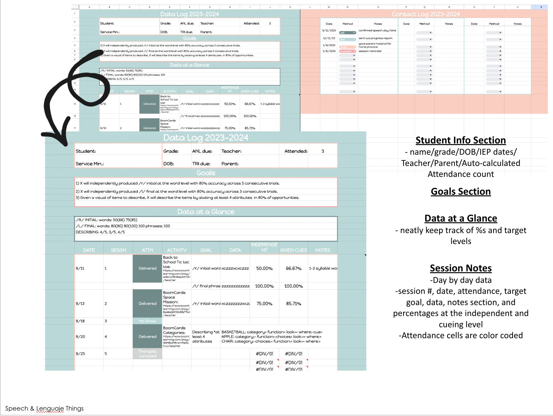 Self Calculating DATA & Contact Log Sheet for Speech Therapy - Google ...
